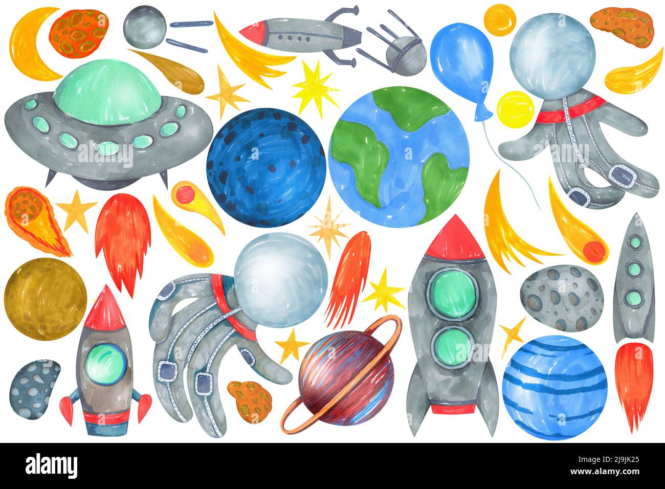 Watercolor Space Clipart Spaceman Spaceship Planet Stars Stock Photo ...
