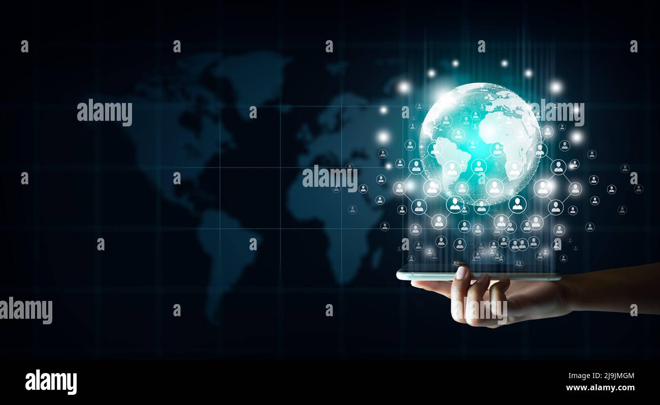 Hand hold mobile with Global digital connection. World map and ...
