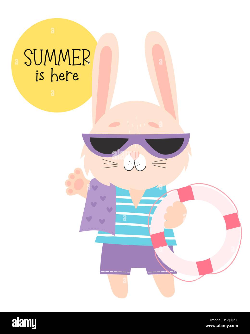 Summer card with cute beach bunny in sunglasses with lifebuoy. Vector ...