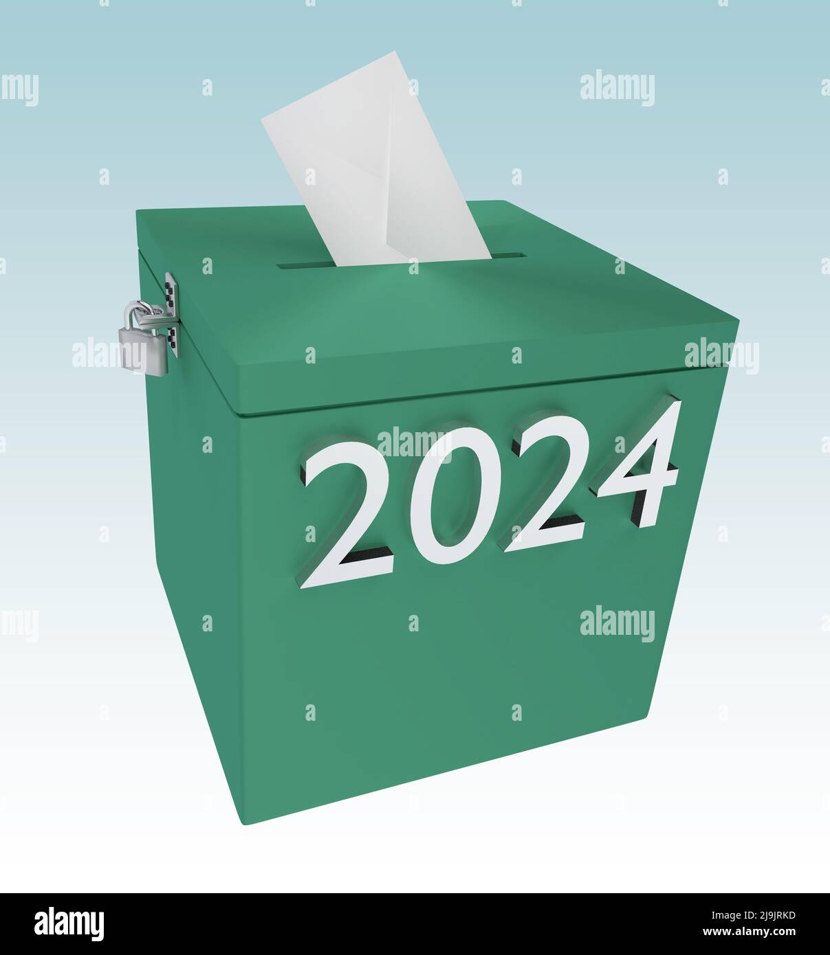 3D illustration of 2024 script on a ballot box, isolated over pale blue ...