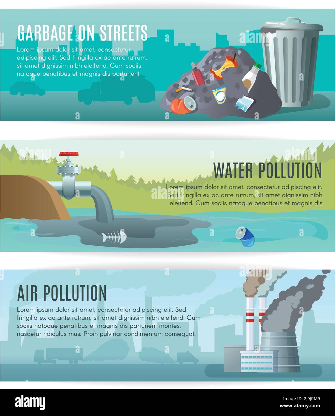 Three horizontal ecology banners set about different kinds of pollution ...