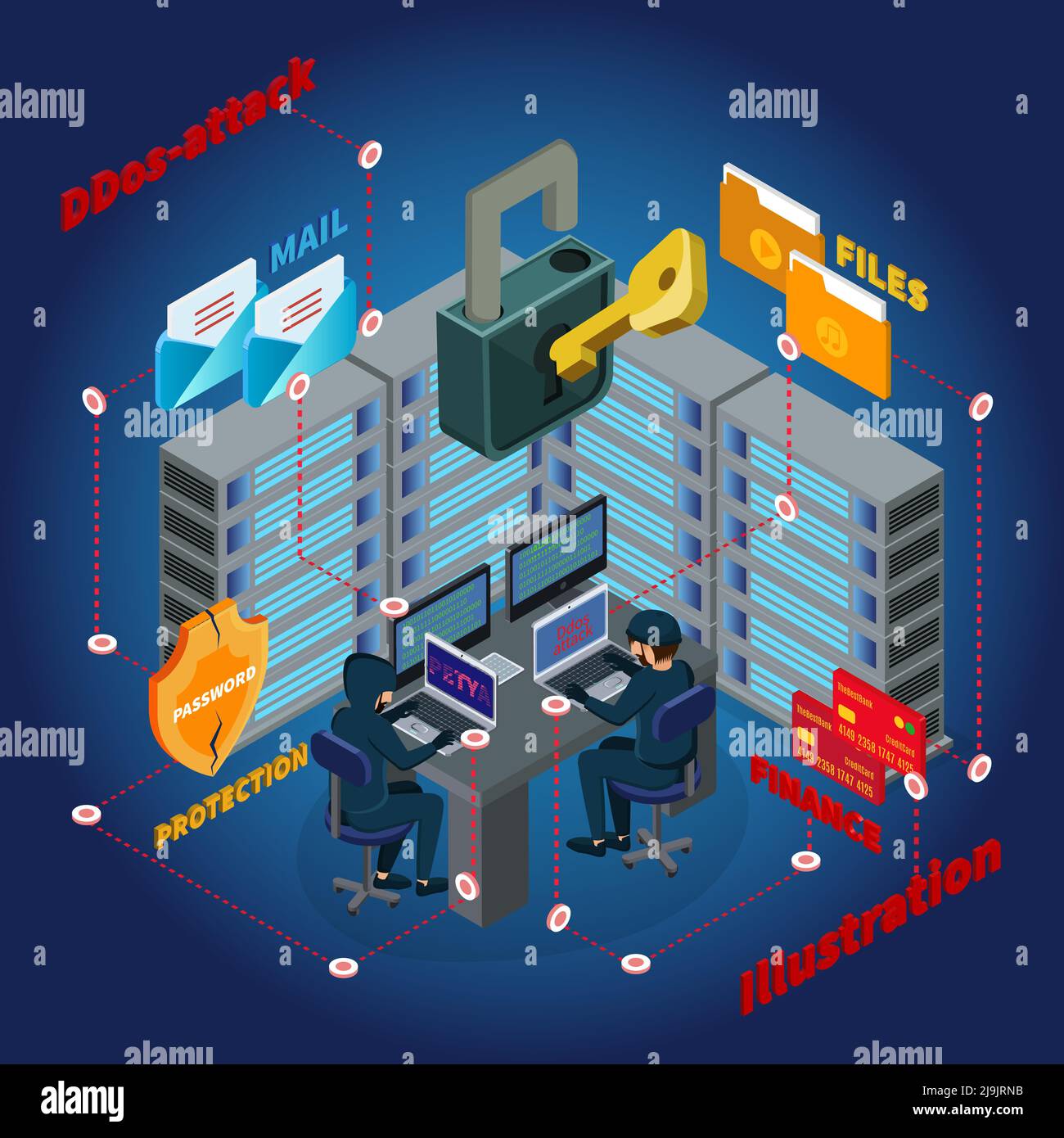 Isometric server Ddos attack template with mail personal files ...