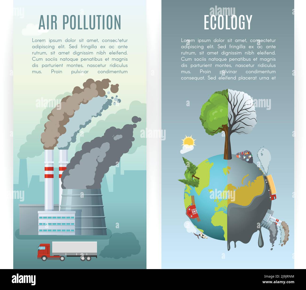 Two vertical ecology banners set with cartoon style environmental air ...