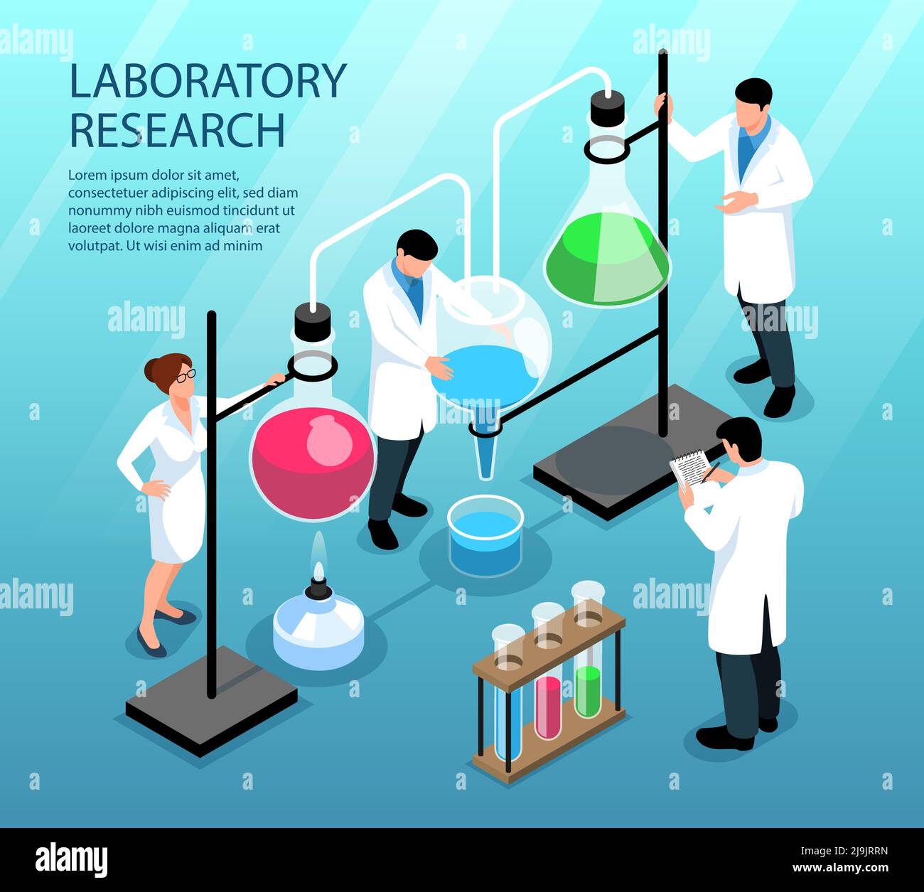 Scientists doing research working with colorful liquid in flasks and ...