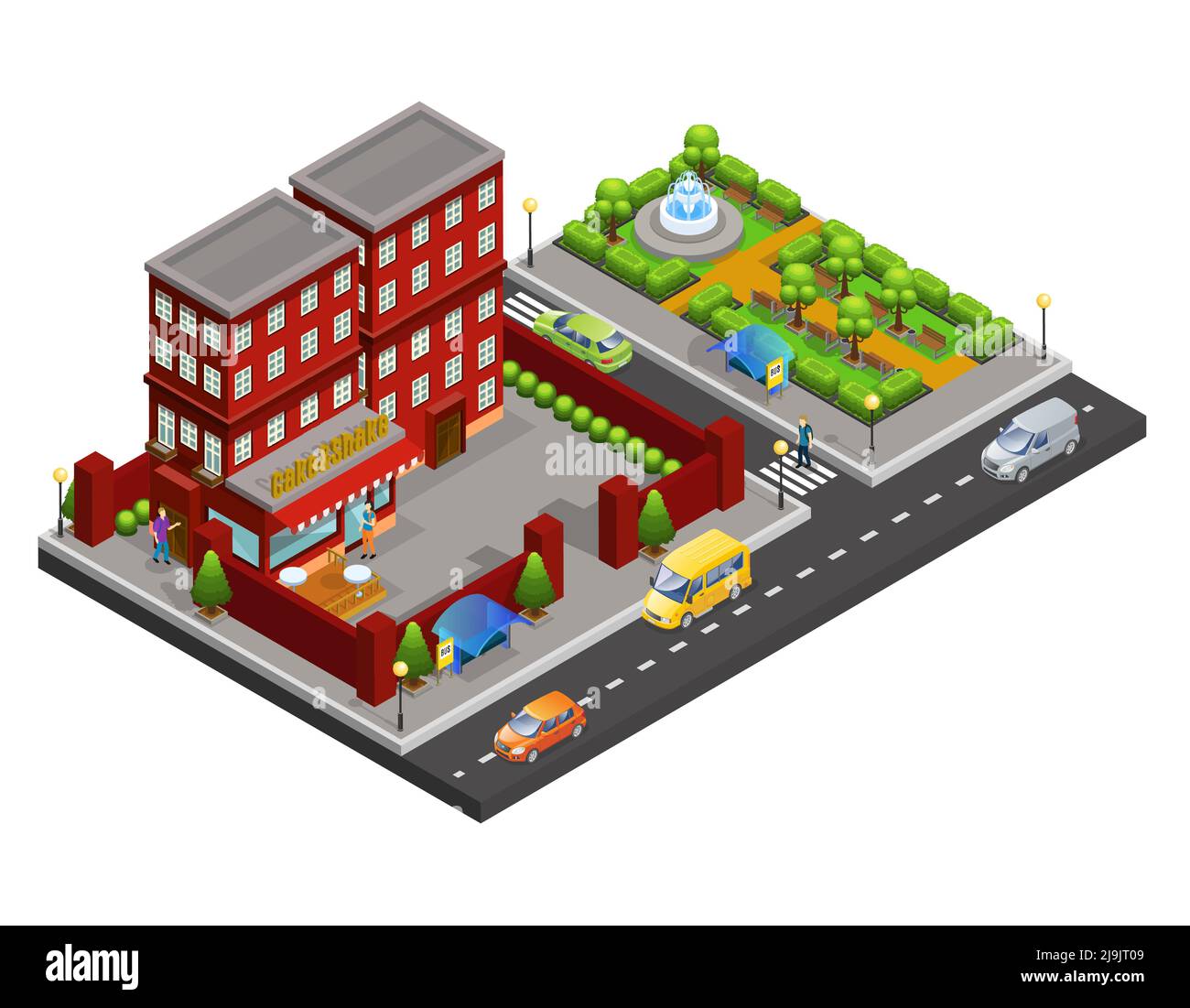 Isometric street cafe concept with city park cars road bus stop and ...