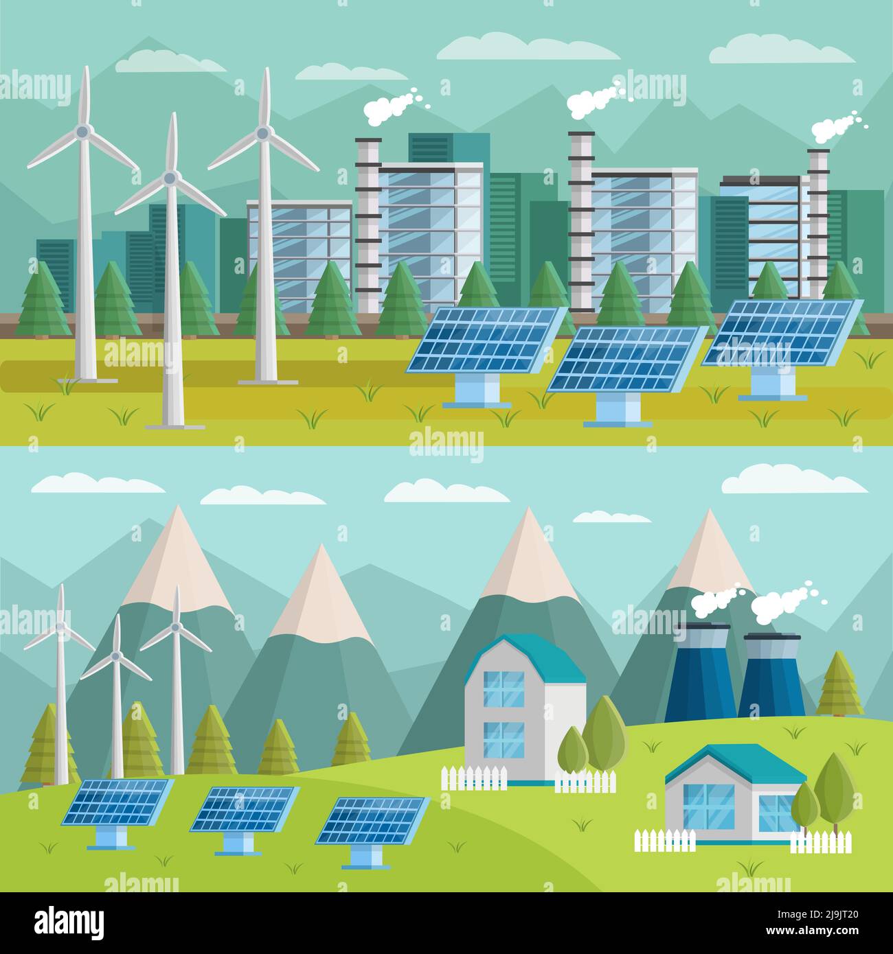 Two colorful horizontal illustrations set with cartoon style ...