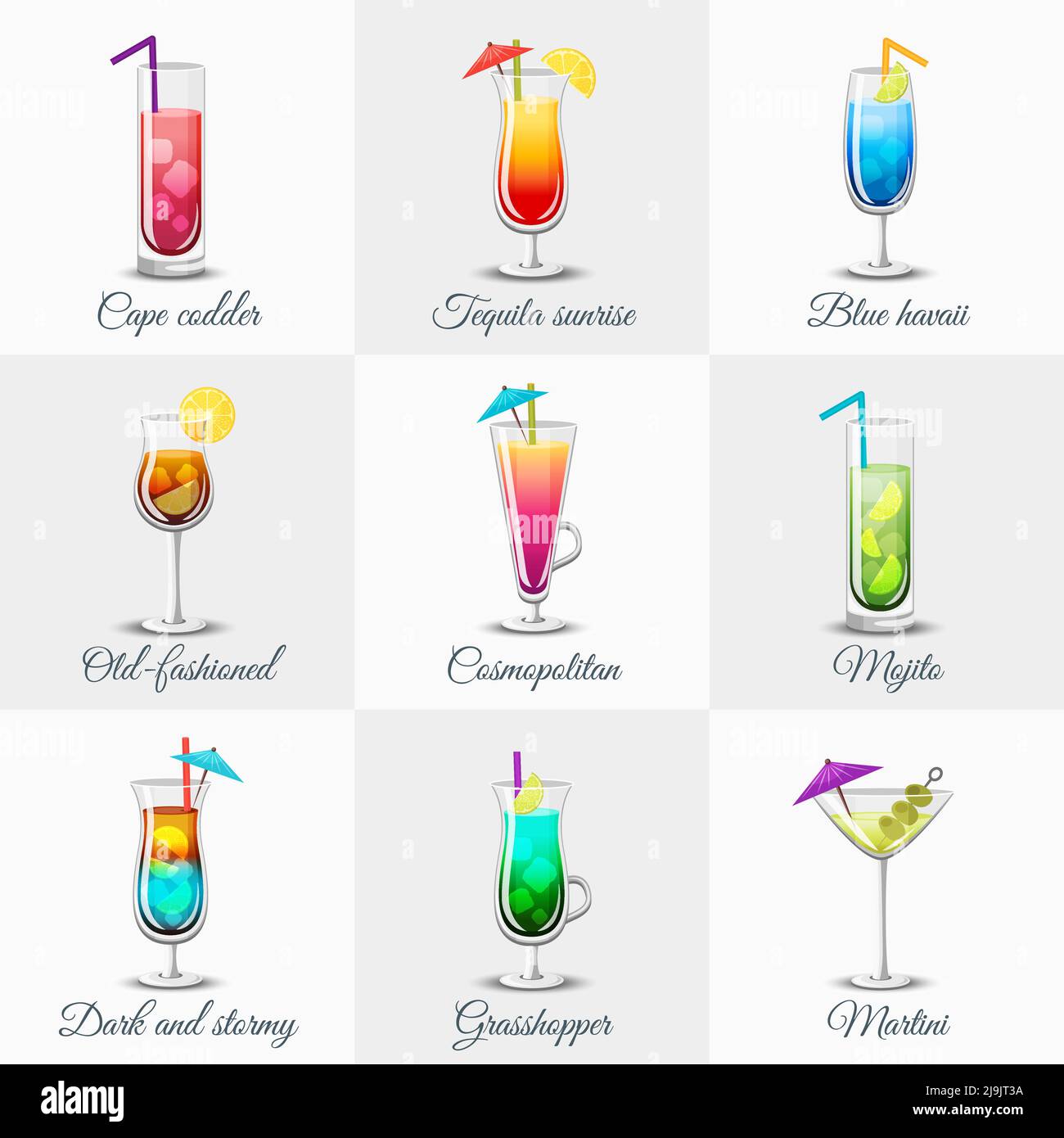 Classic alcohol cocktails icons set with mojito cosmopolitan and blue ...