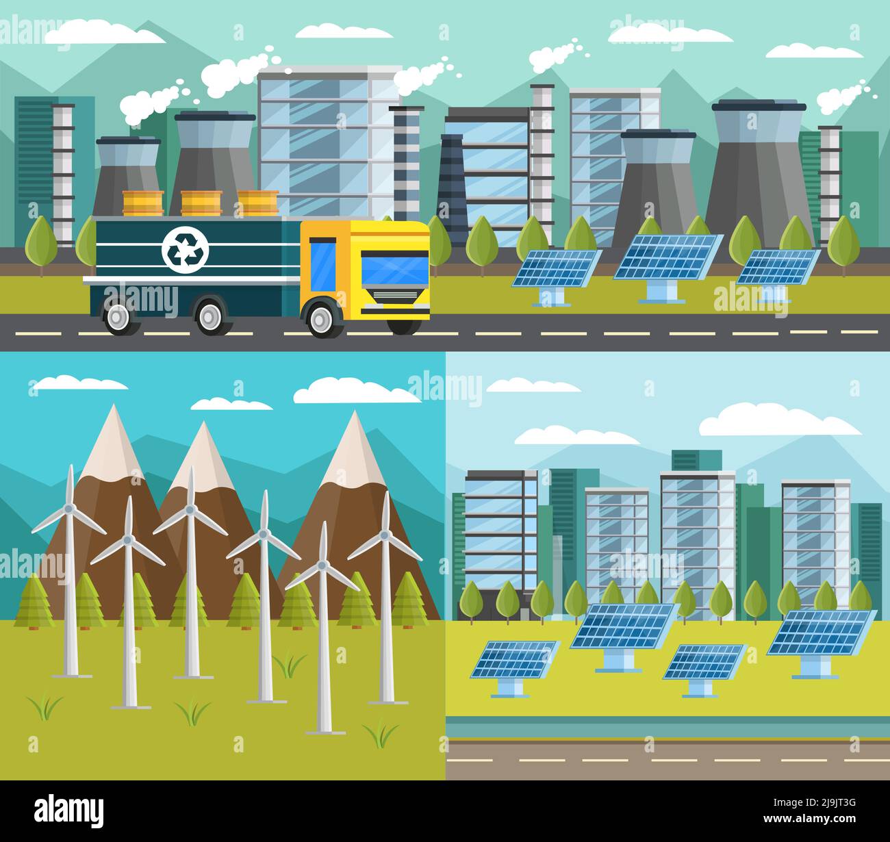 Set of one horizontal and two square ecology banners with power plants ...