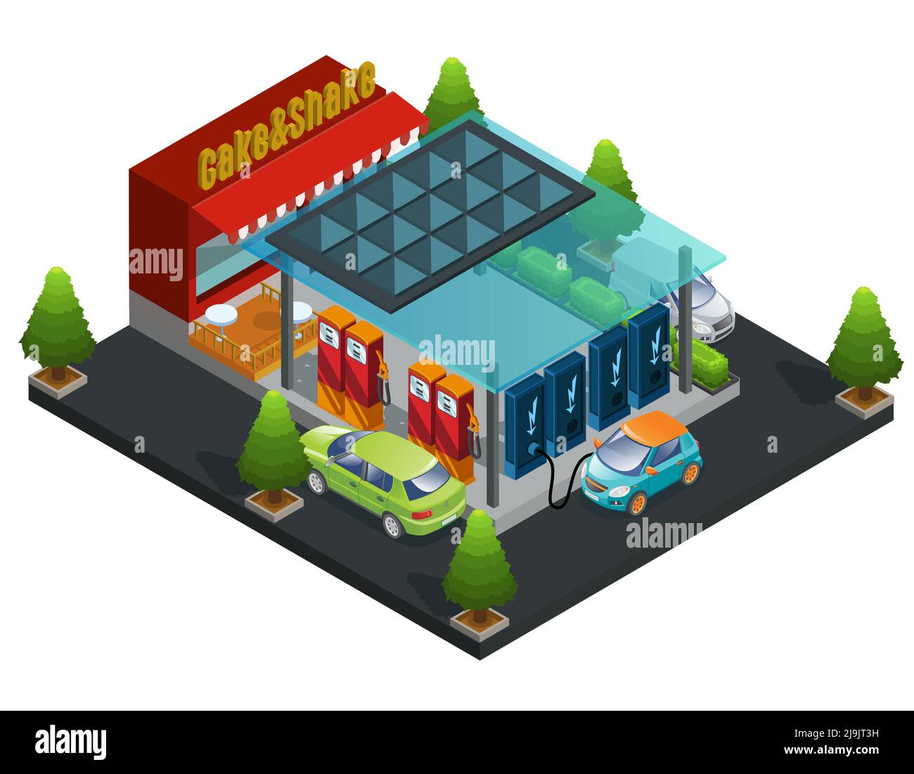 Isometric gas and charger station template with cafe car fuel refill ...
