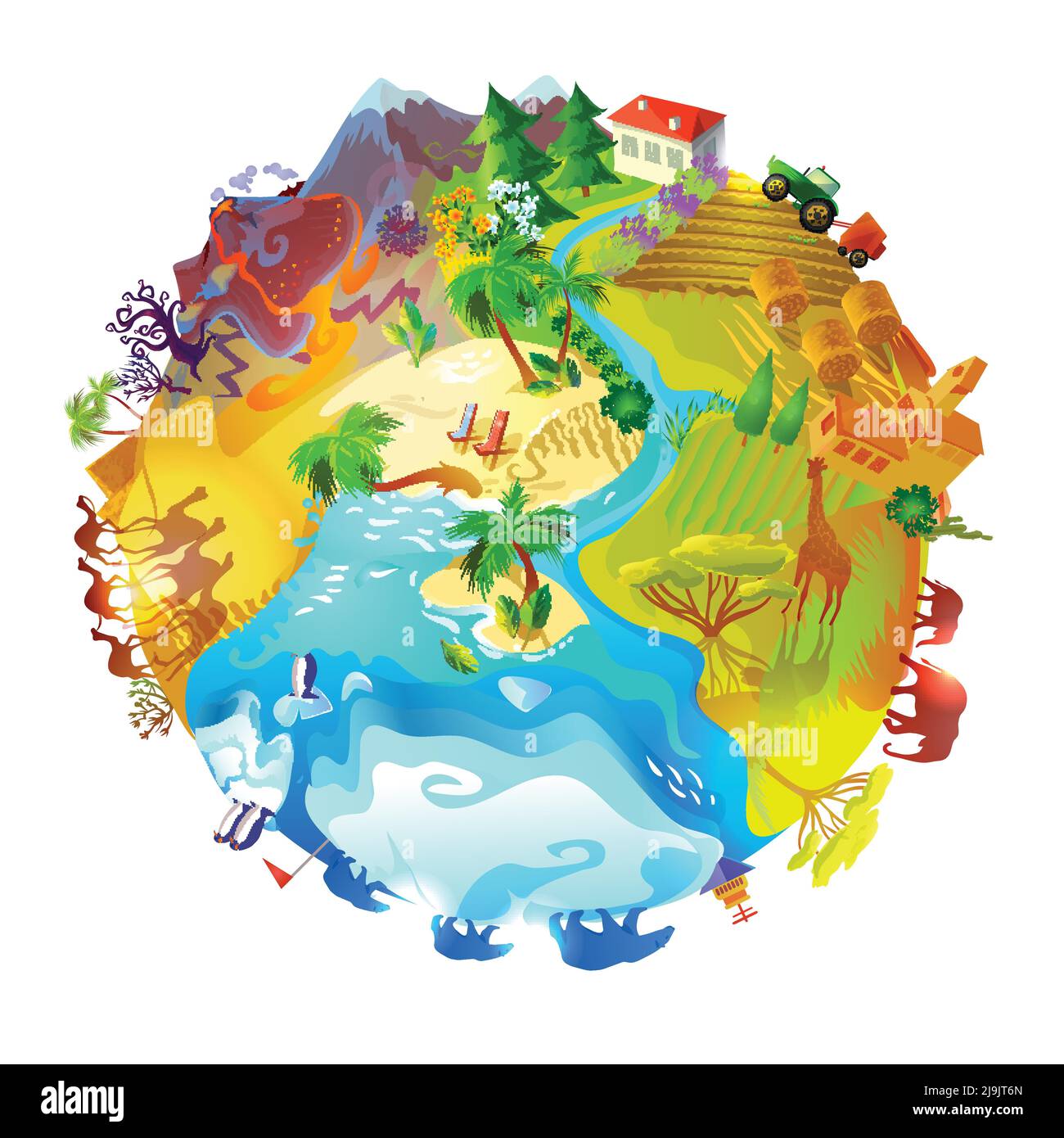 Cartoon Earth planet nature concept with animals mountain volcano ...
