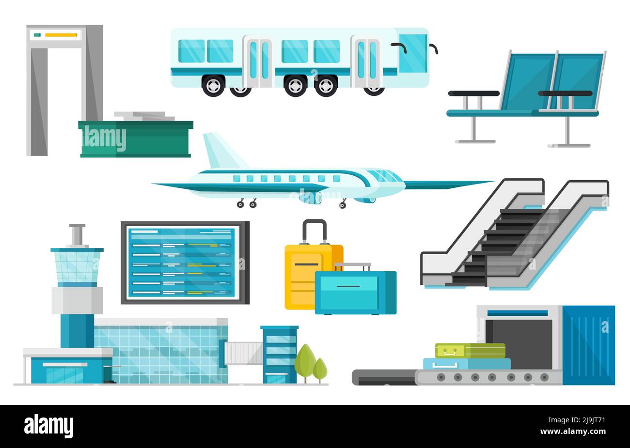 Set of isolated airport elements with terminal airplane and bus luggage ...