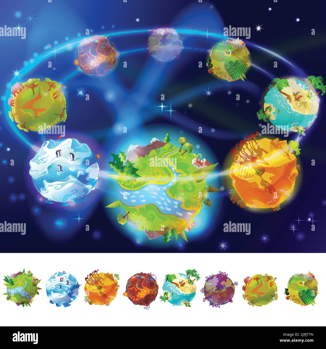 Cartoon Earth planets collection with animals and different nature ...