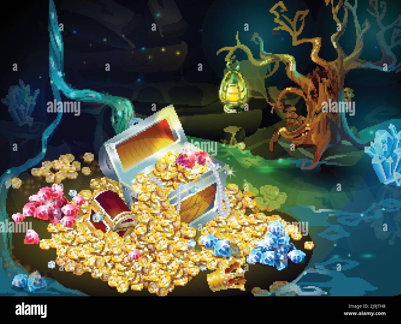 Cartoon game treasure and trophies background with chests gold coins ...