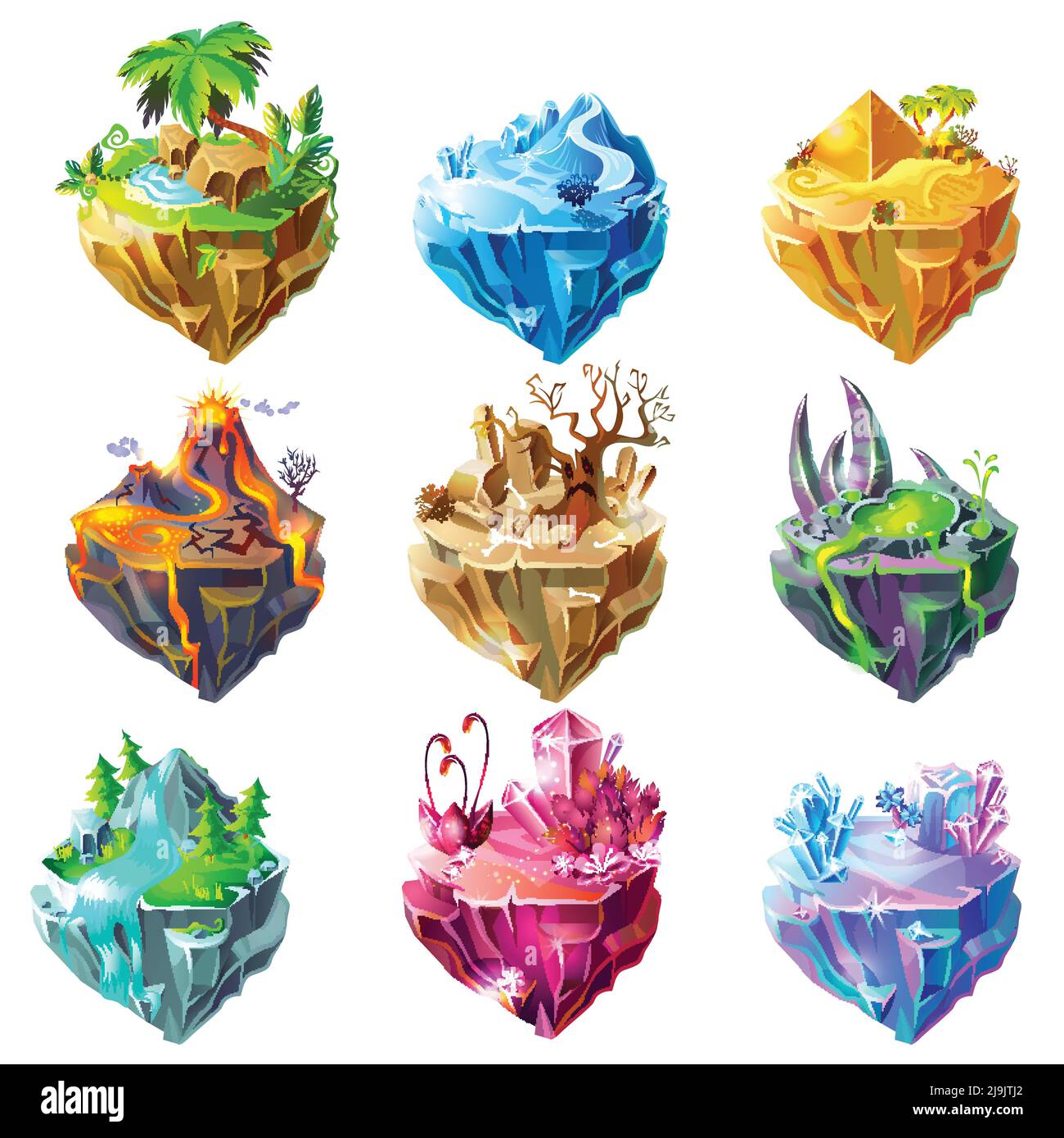 Isometric game islands collection with tropical ice desert volcano ...