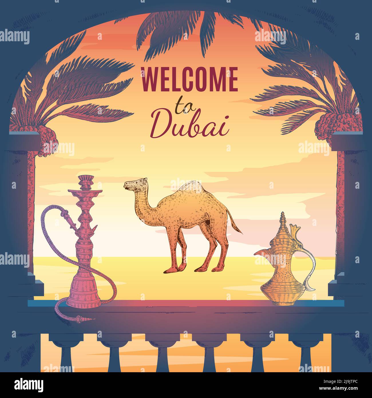 Hand drawn dubai square composition with terrace frame pitcher hookah ...