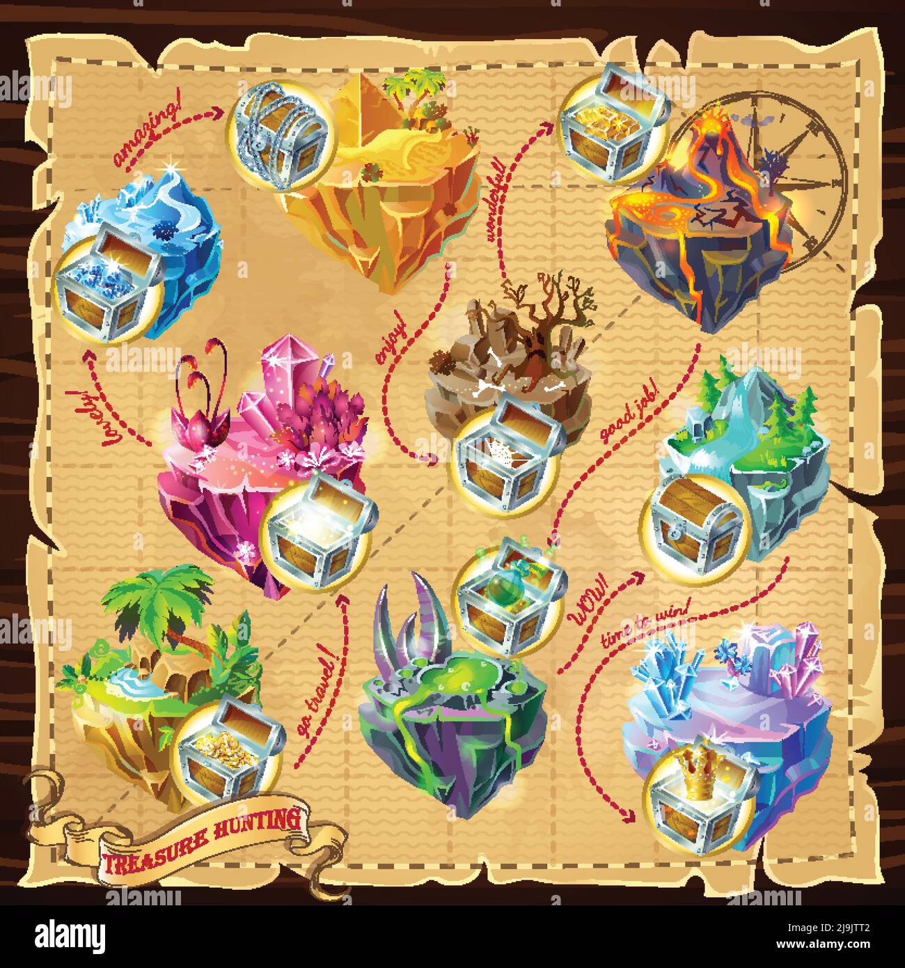 Isometric game levels map background with various beautiful islands and ...