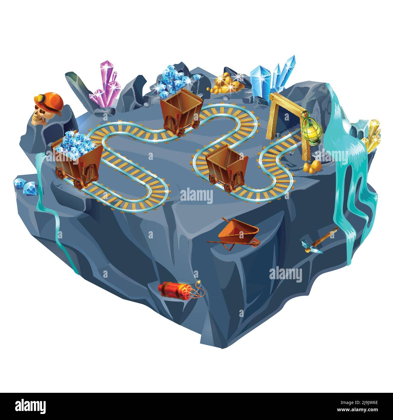 Isometric mining game island template with railway trolleys wheelbarrow ...