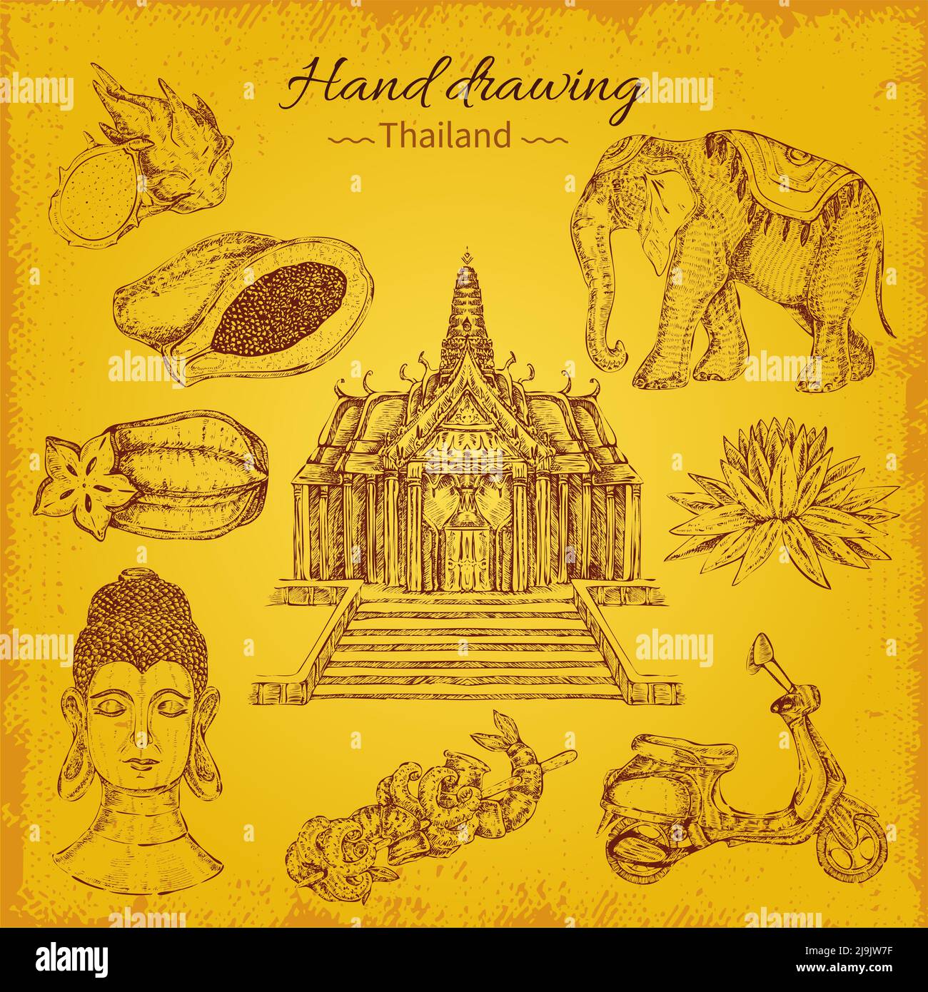 Nine isolated hand drawn thailand elements with ethnic symbols ...