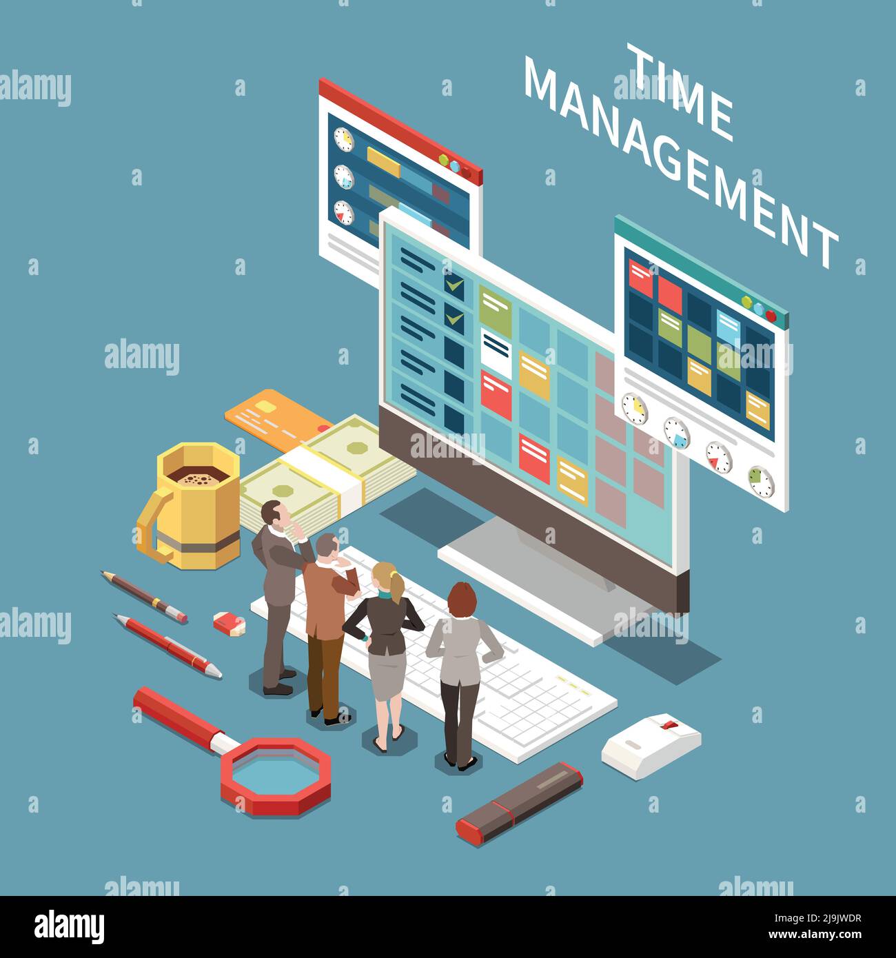 Time management concept with planning time symbols isometric vector ...