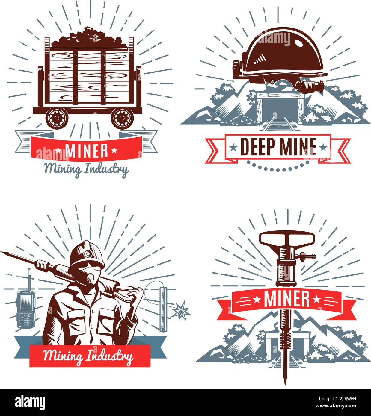 Mining emblems with mountain worker and tools trolley with coal and ...