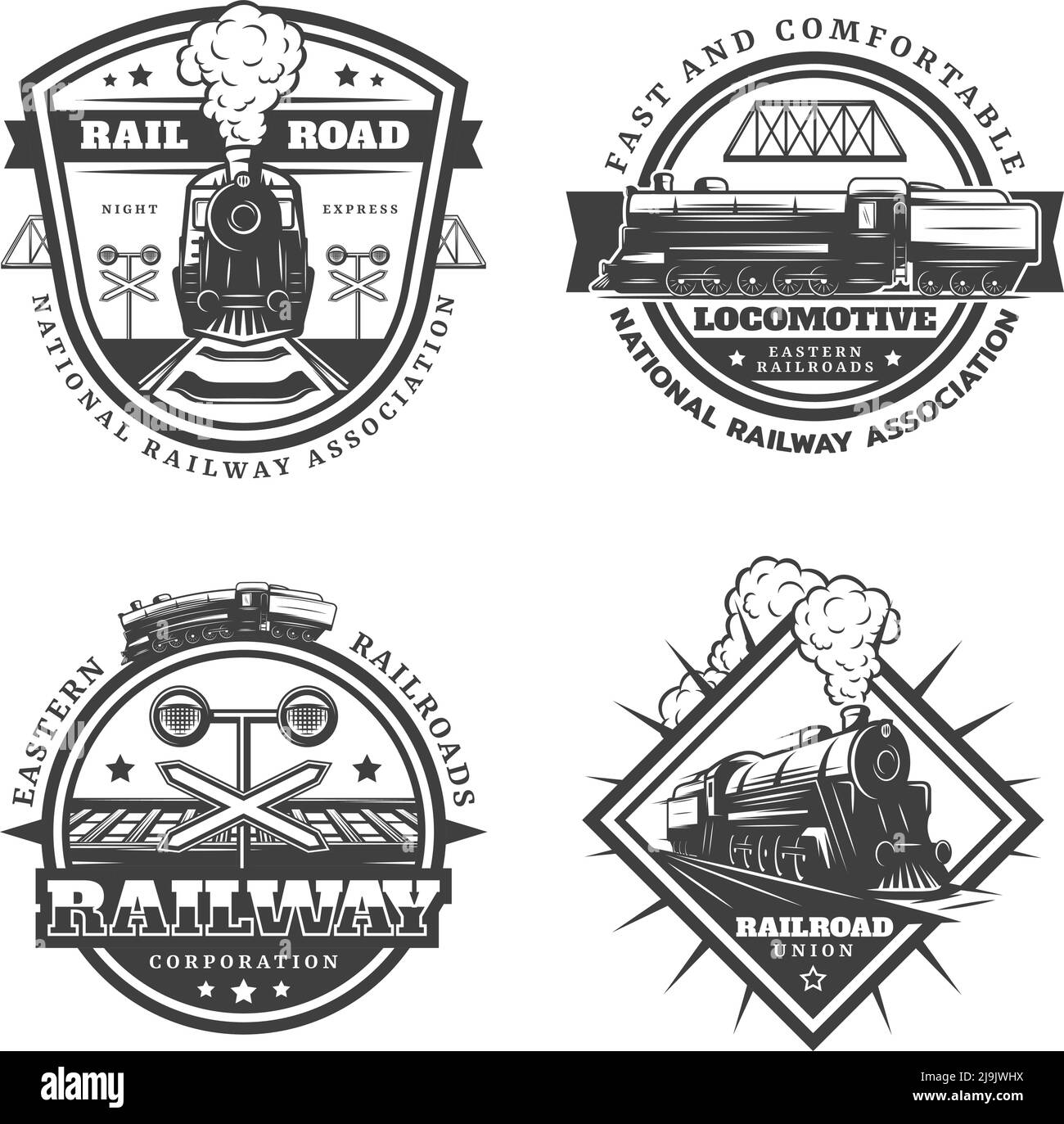 Vintage monochrome retro train emblems set with letterings locomotive ...