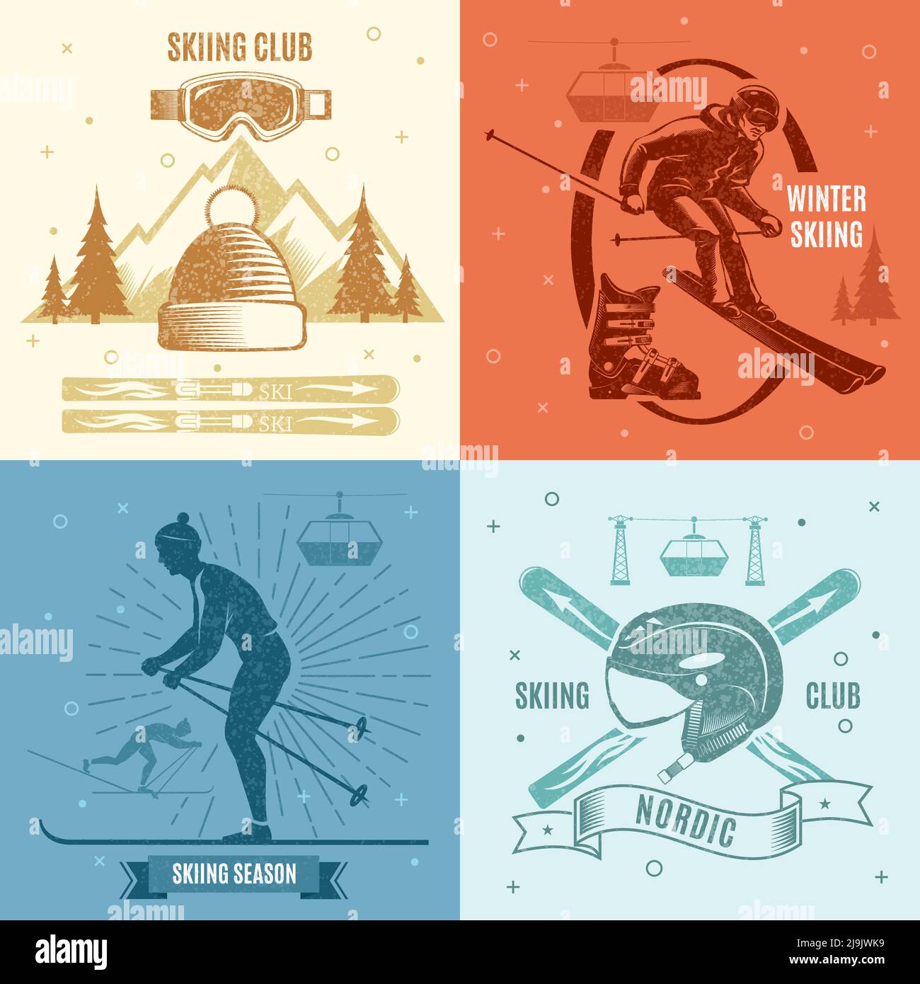 Nordic skiing retro style emblems with mountain and spruces persons and ...