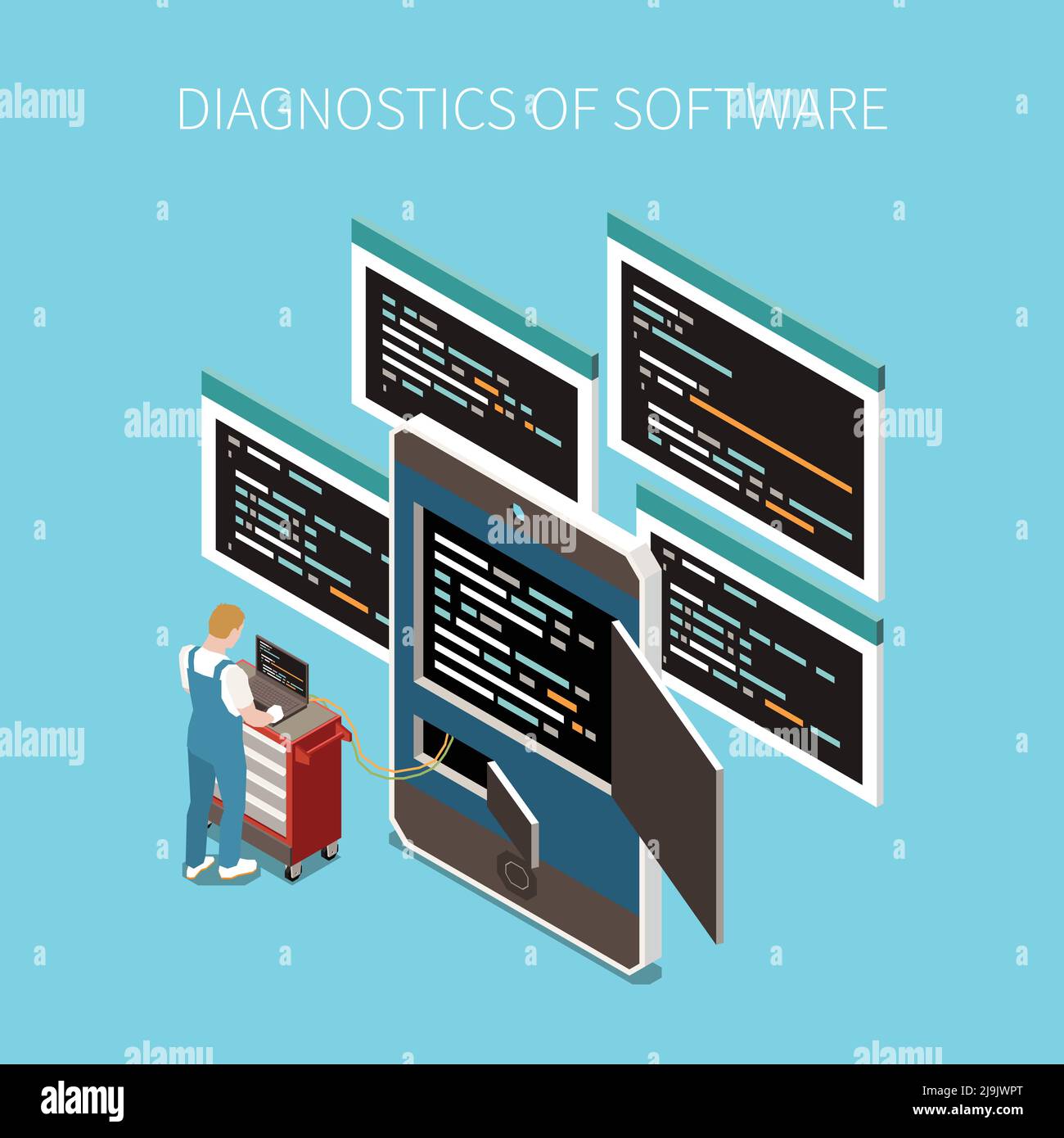 Software diagnostics concept with programming code symbols isometric ...