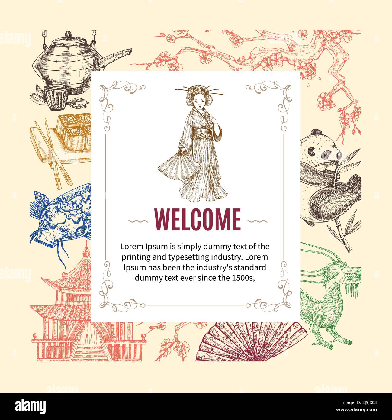 Welcome to asia invitation with girl ornate frame on background of hand ...