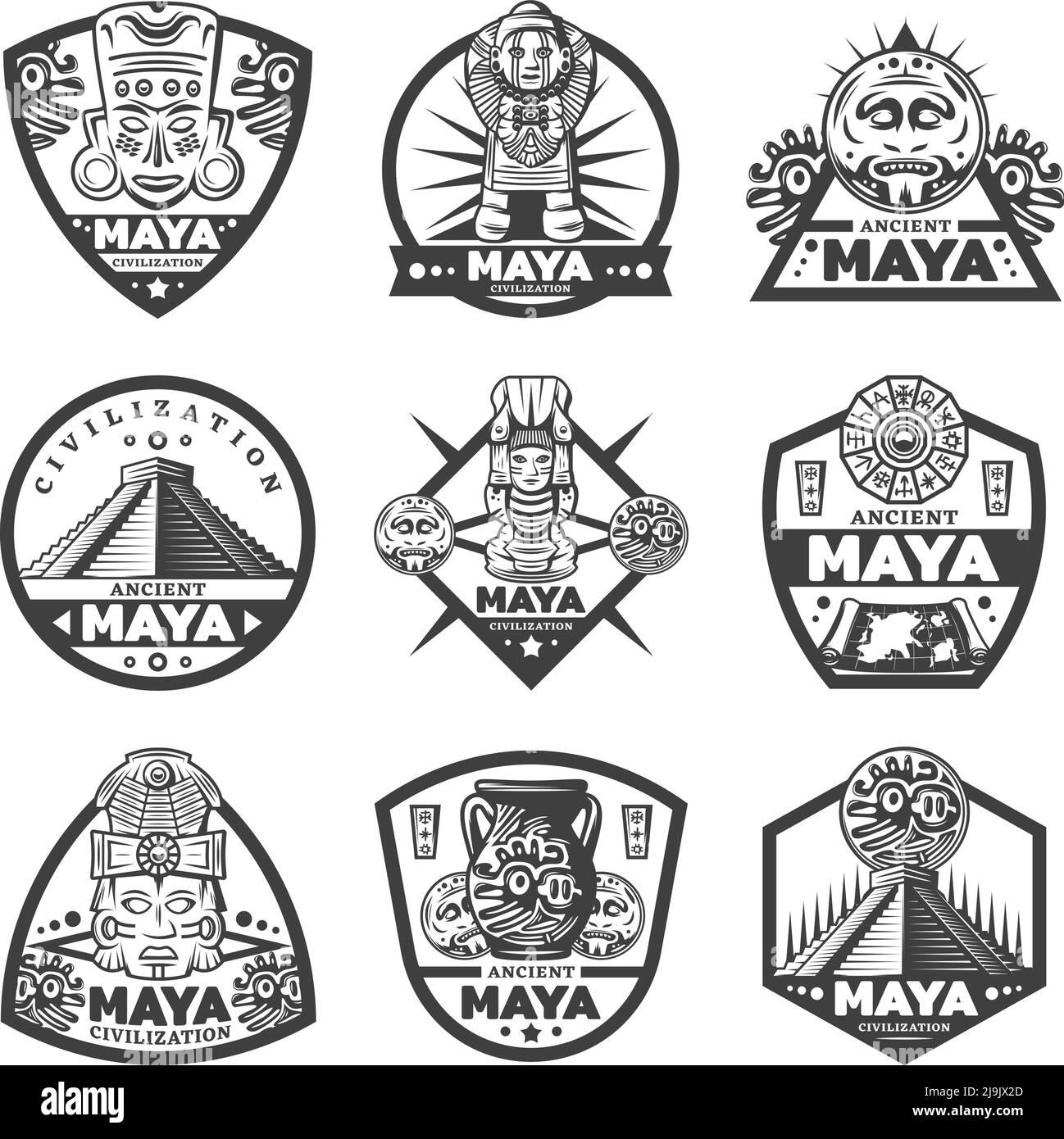 Vintage monochrome maya labels set with tribal masks ceremonial idols ...