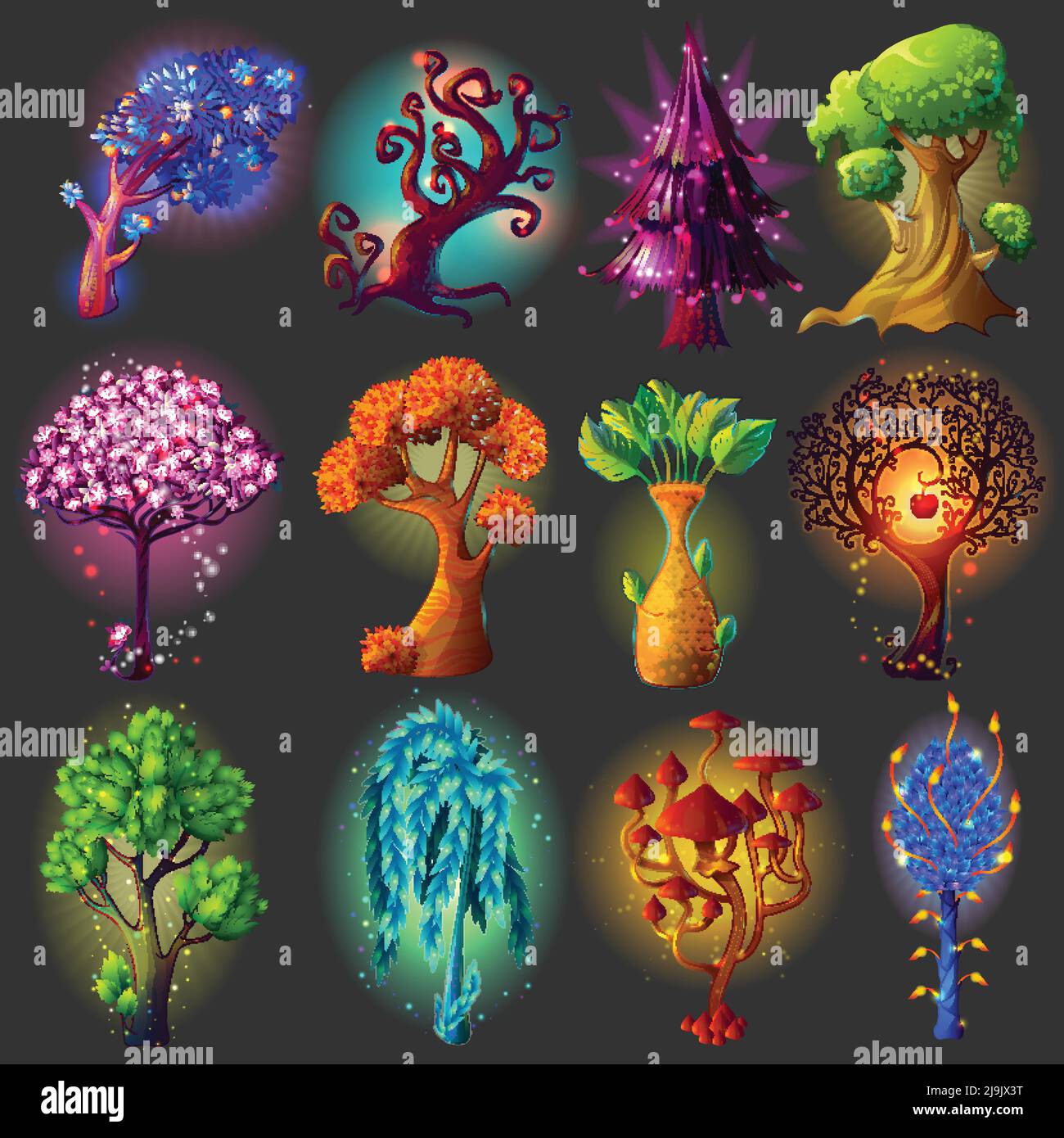 Cartoon natural icon set with multicolored different magic trees ...