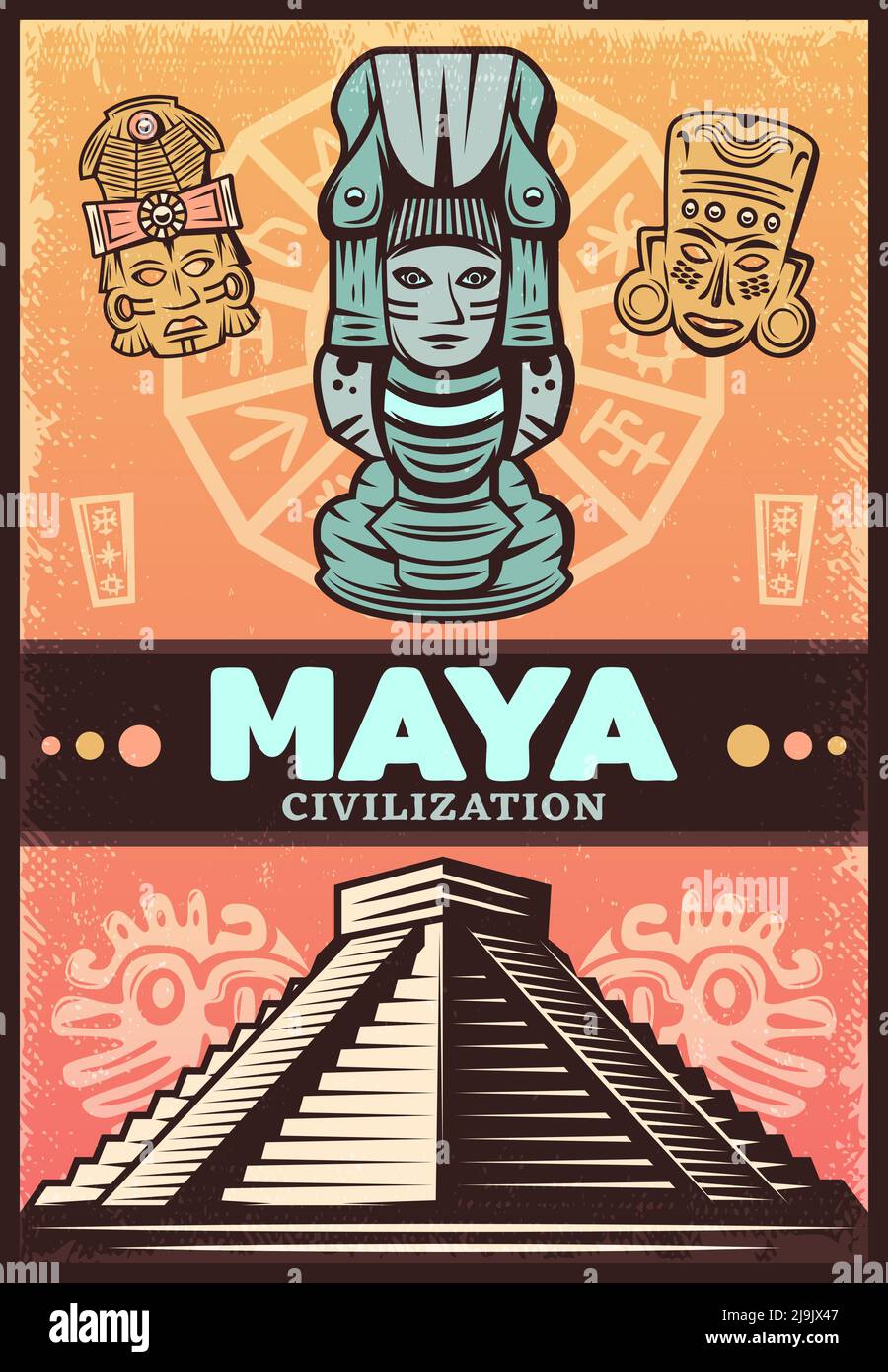 Vintage colored ancient maya poster with ceremonial masks totem and ...