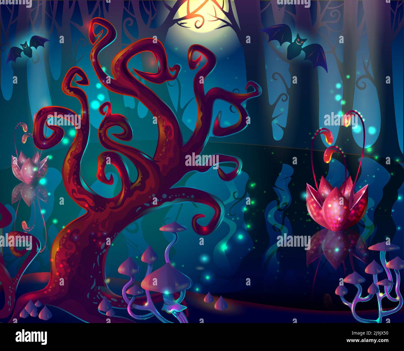 Cartoon wood Game Design with magic tree on foreground and bright ...