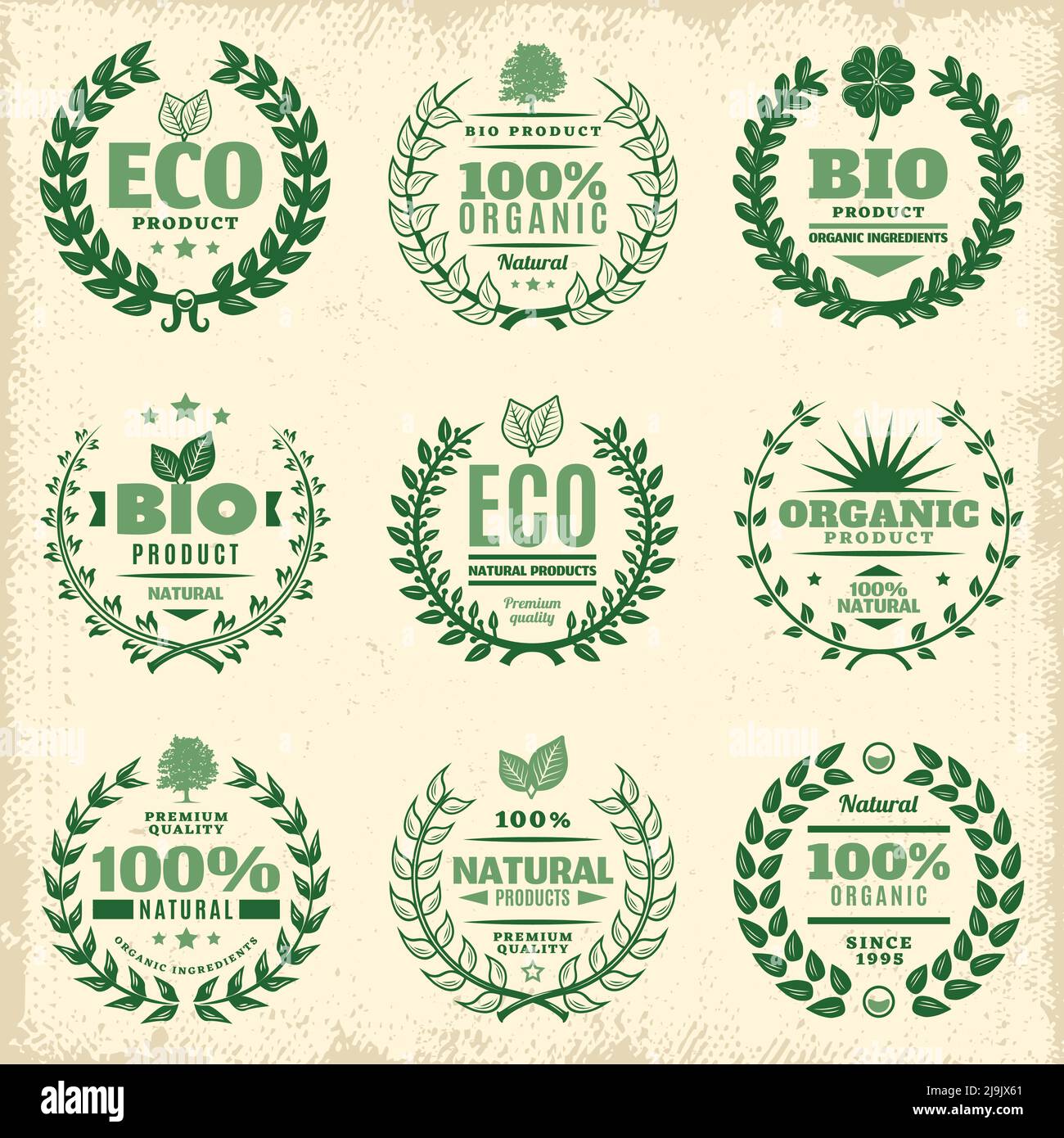 Vintage green eco product labels set with inscriptions and decorative ...