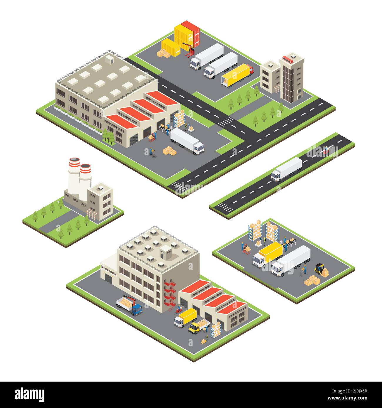 Set of isometric warehouse territories with factory and storage ...