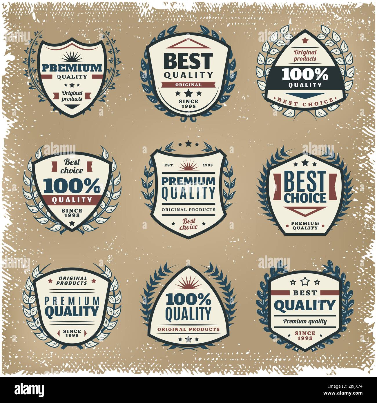 Colored premium quality emblems set with different letterings and ...