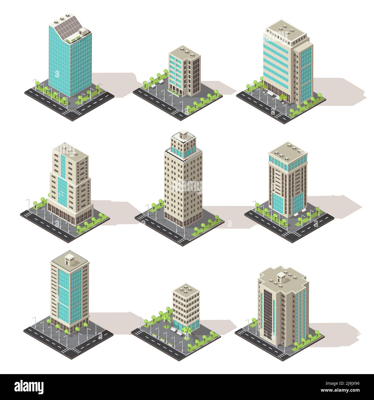Set of isolated isometric office buildings from concrete and glass with ...