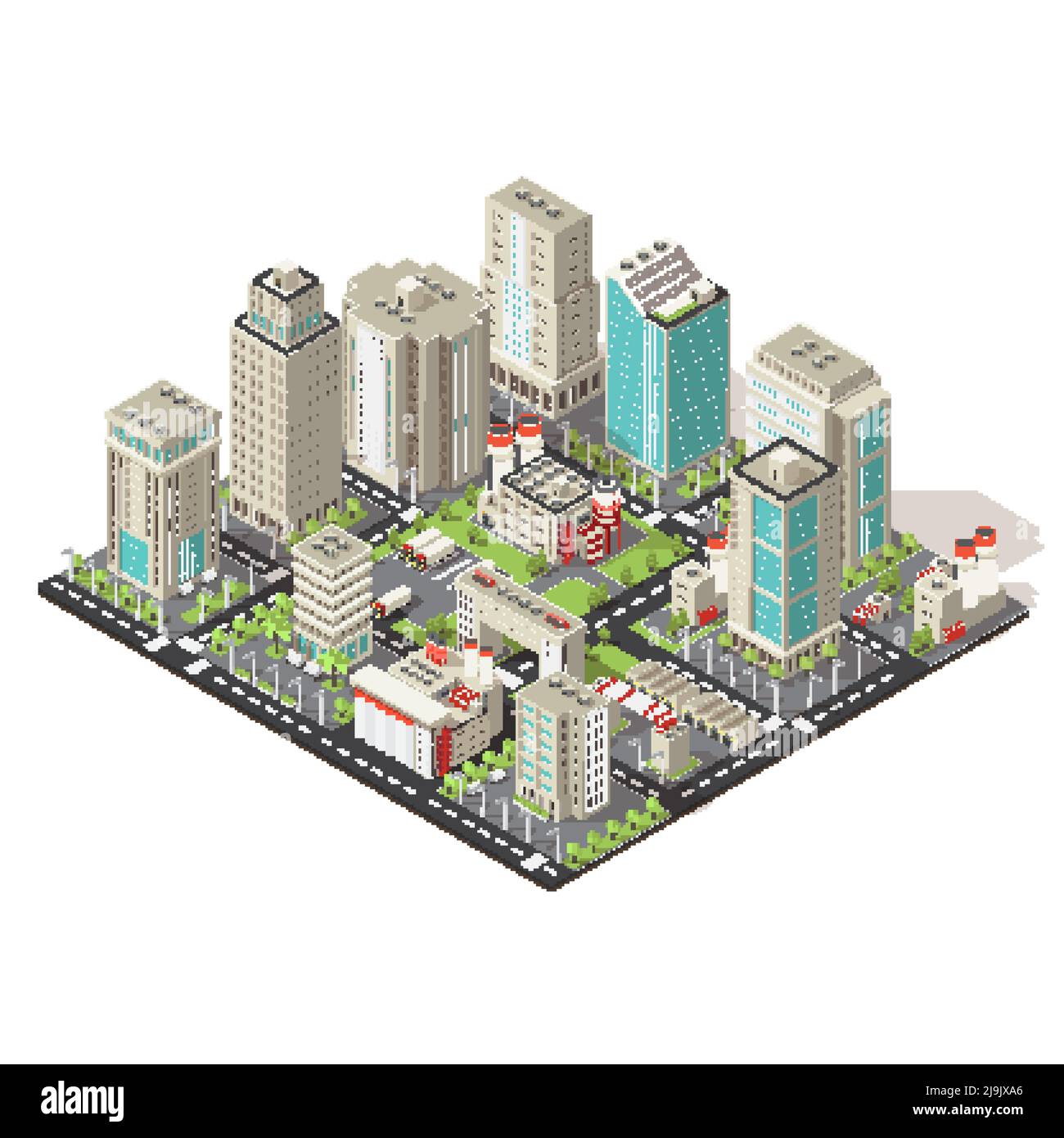 City isometric concept with office and industrial buildings truck ...