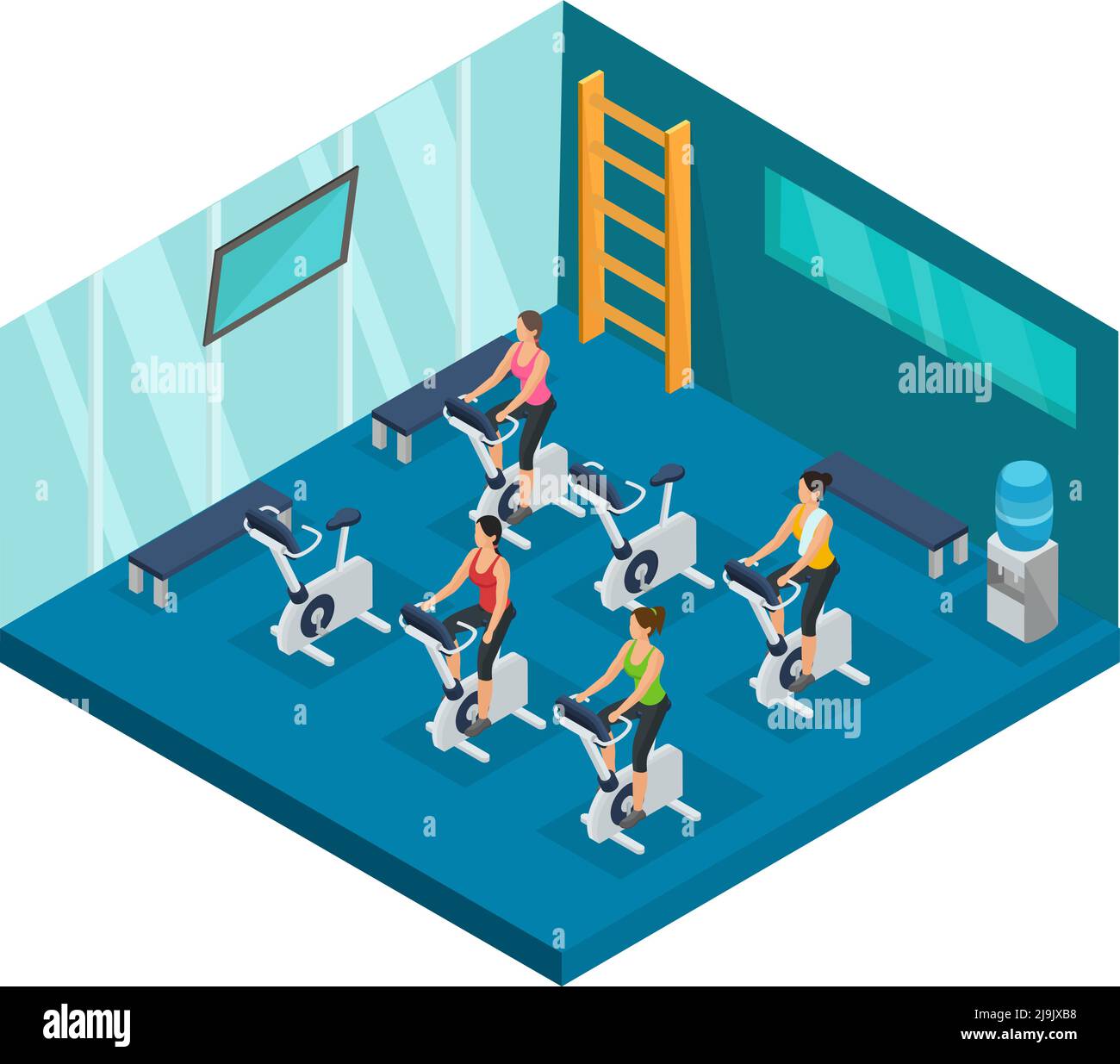 Isometric sport and fitness template with women doing cycling exercise ...