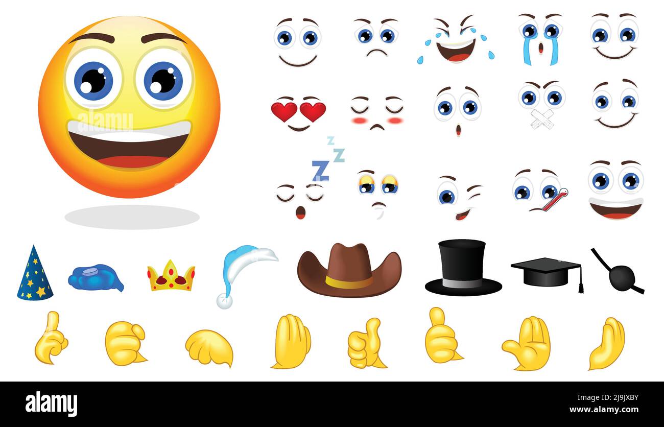 Cartoon emotion creation elements set with eyes mouth different hats ...