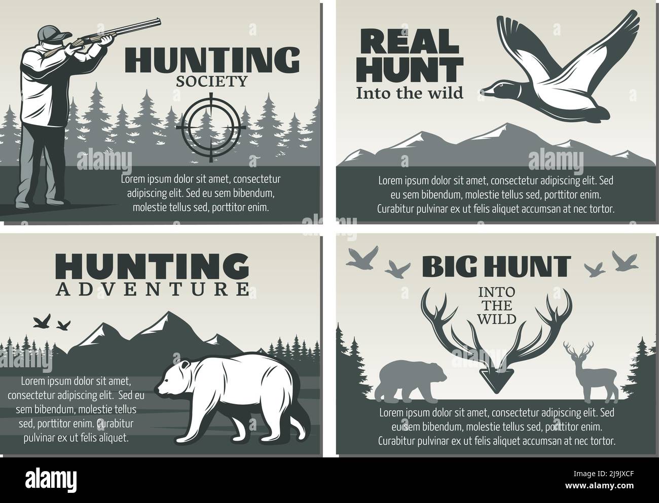 Four compositions set with hunting emblem designs wild birds animals ...