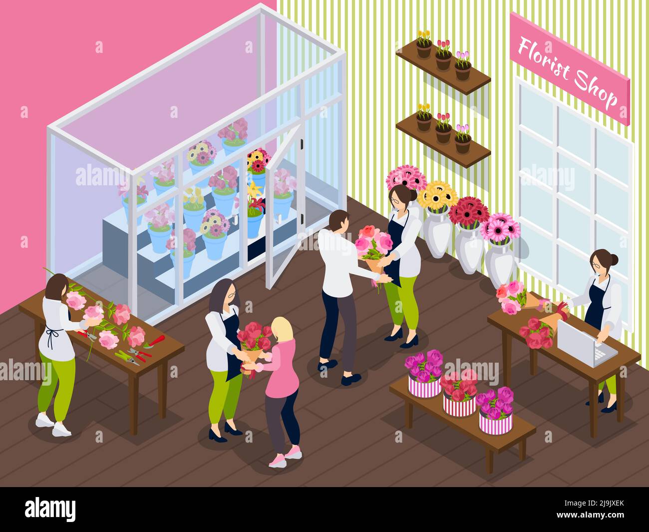 Florist shop isometric background with staff working with different ...