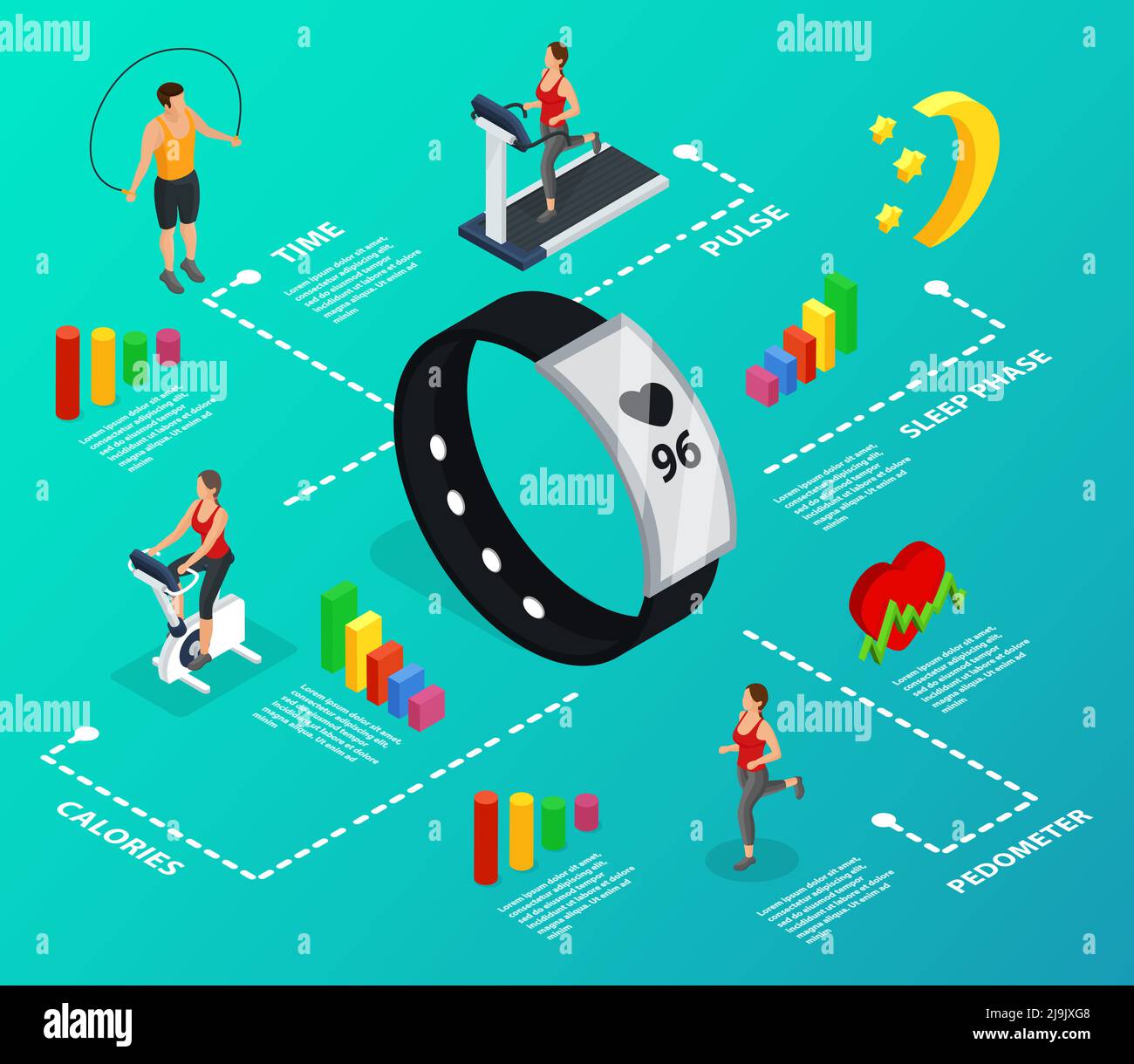Isometric fitness bracelet infographic flowchart with sleep phase time ...