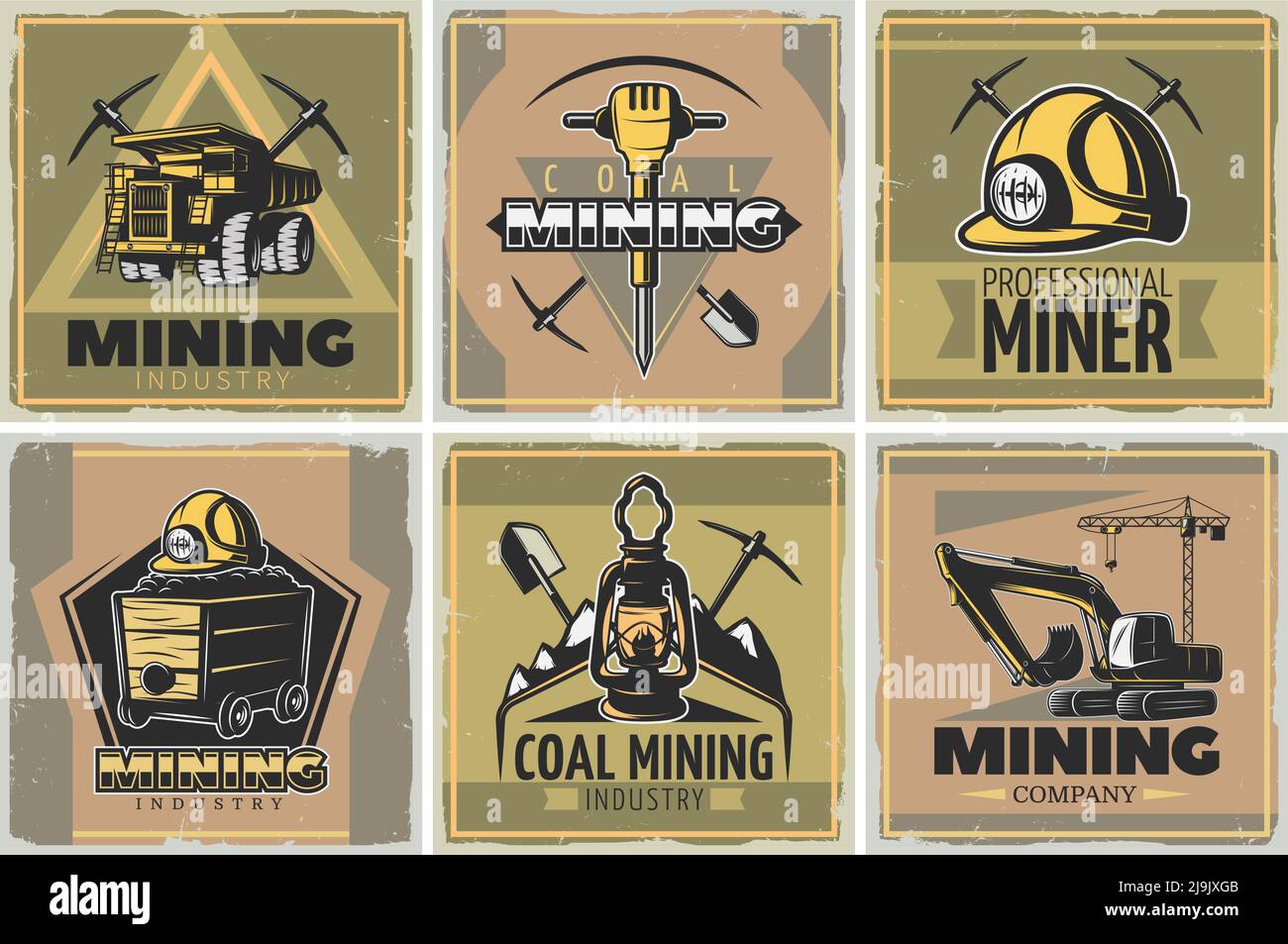 Six colorful square coal mining industry posters in retro style with ...
