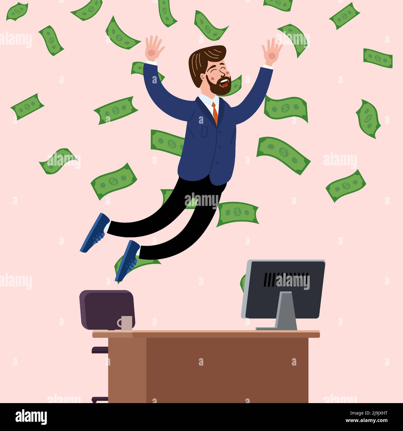 Happy businessman jump in air falling money rain in office. Success ...