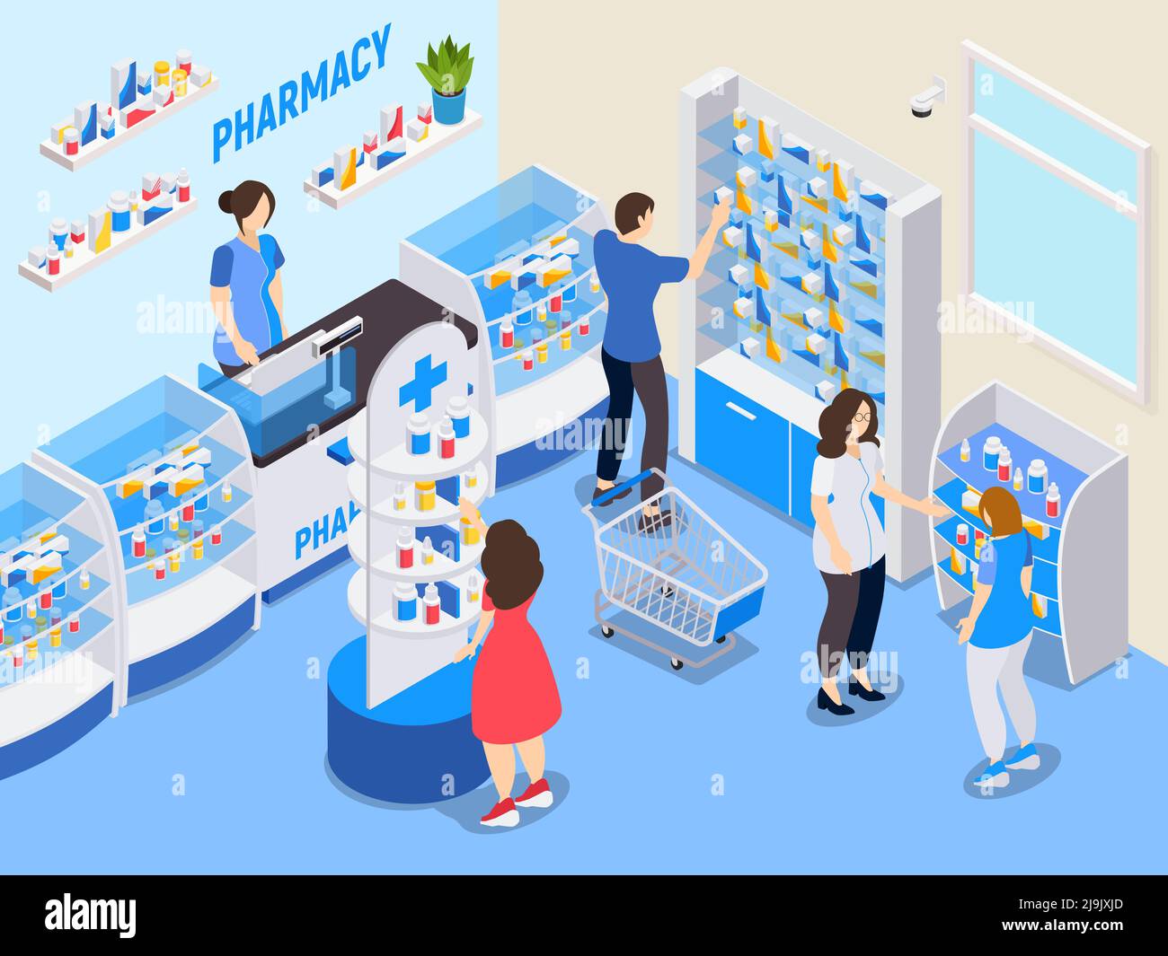 Pharmacy isometric composition with people choosing medications in ...