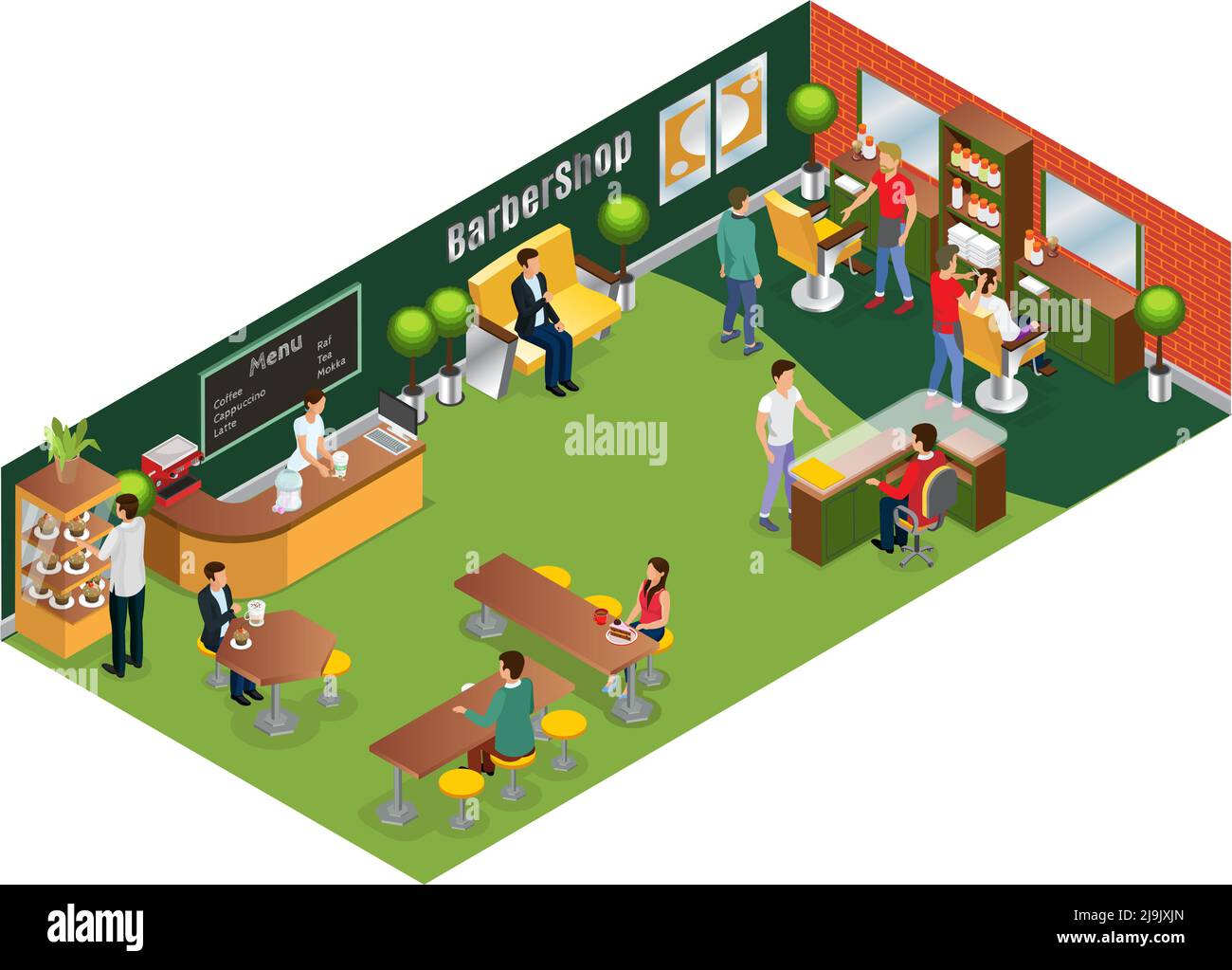 Isometric barber salon concept with hairdressers customers interior ...