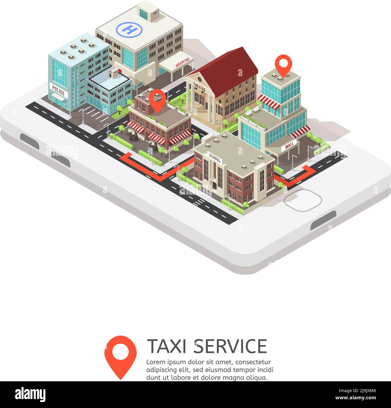 Mobile taxi service isometric design with city buildings standing at smartphone and map pointers ...