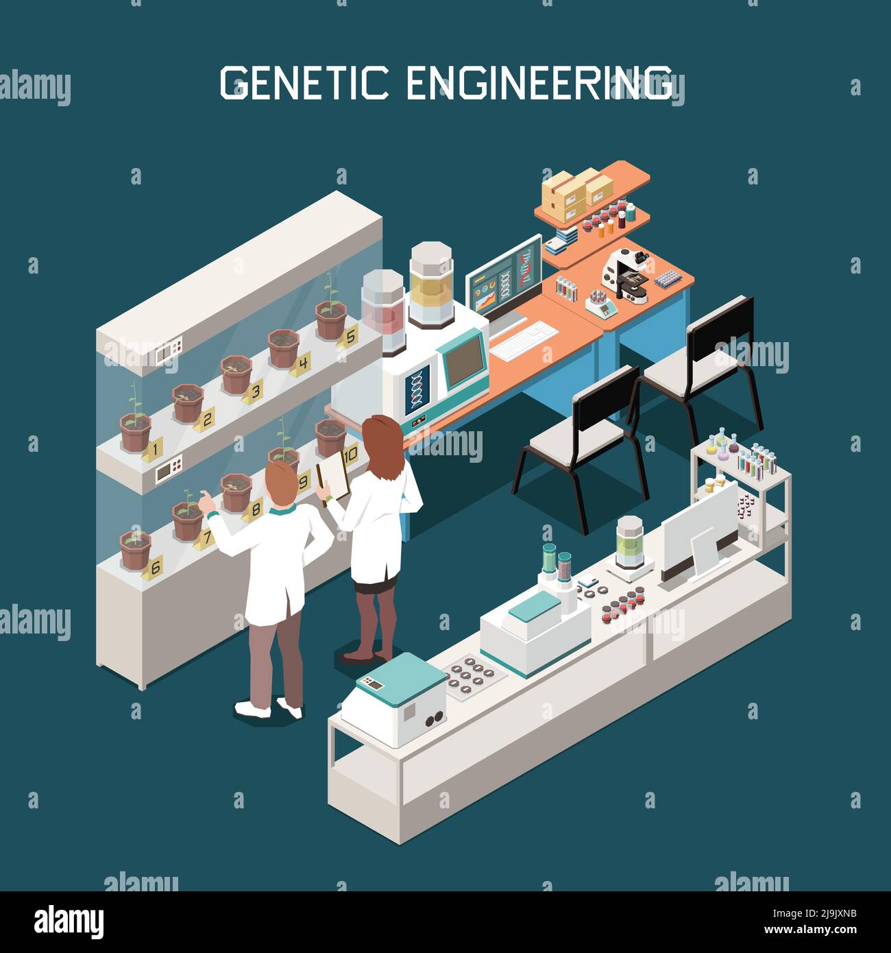 Genetics isometric concept with scientists and laboratory with ...
