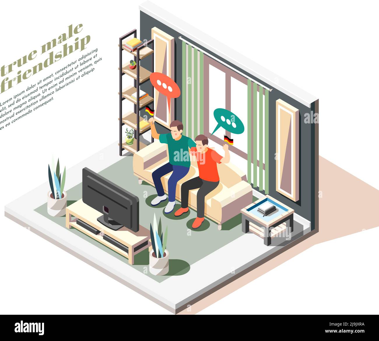 True male friends watching sport game on tv holding german flags ...