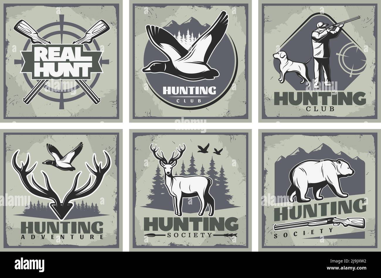 Six square hunting posters set with retro style images of wild nature ...